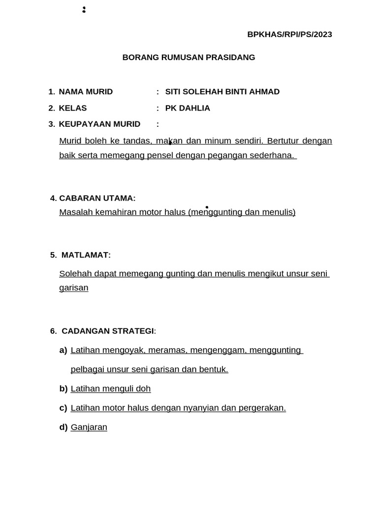Borang Rumusan Prasidang 1 Solehah | PDF