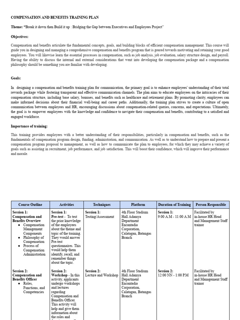 Compensation and Benefits Training Plan | PDF | Compensation And ...