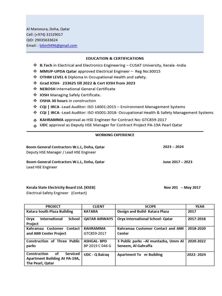 Bibin P Thomas - CV 2024 - Full | PDF | Occupational Safety And Health | Safety