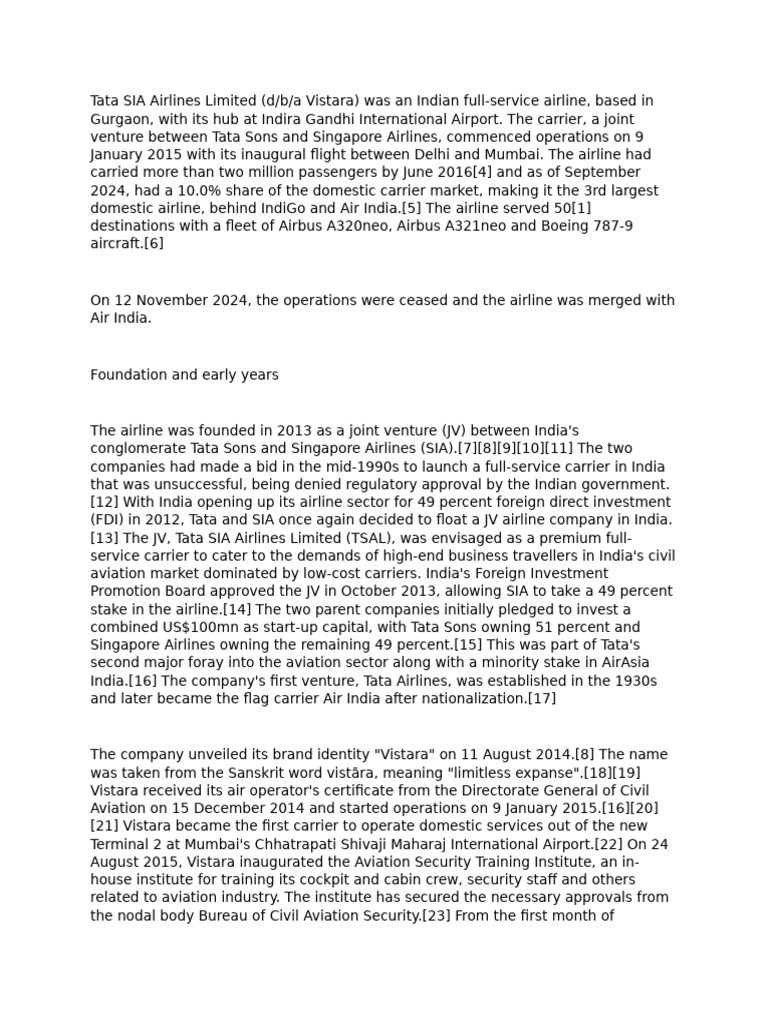 Vistara: History and Merger with Air India | PDF | Aviation | Airlines