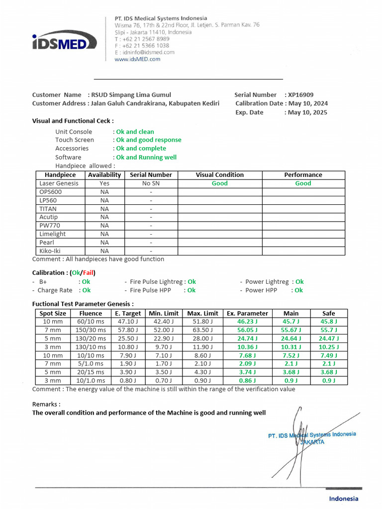 5055 Form Perform Test Cutera XEO RSUD Gunung Gumul Kediri | PDF