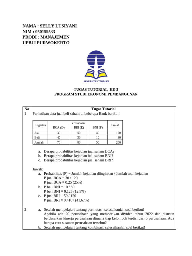 Probabilitas dan Kombinasi Saham 2022 | PDF