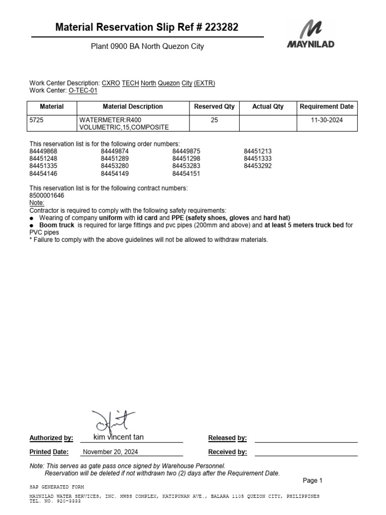 Water Meter Material Reservation Slip | PDF