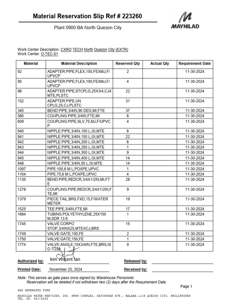 Pipe Material Reservation List | PDF | Hydraulic Engineering | Home ...