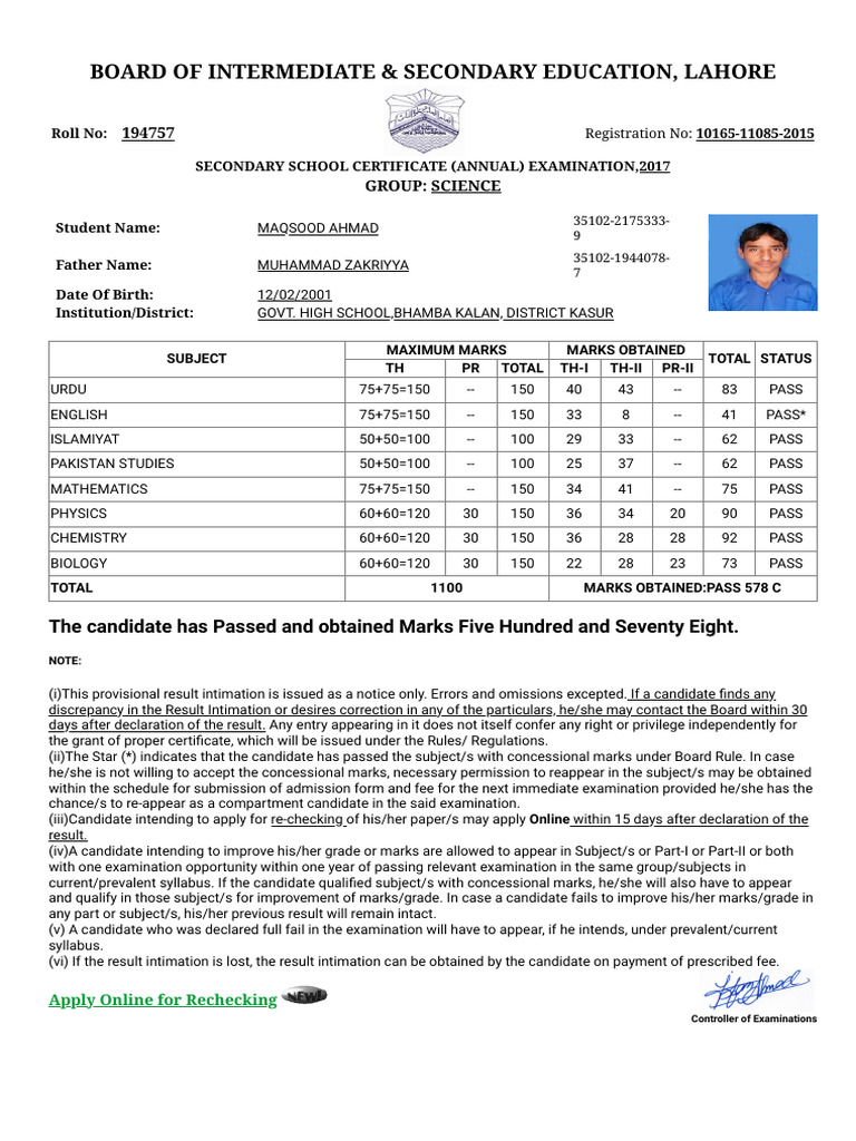 Lahore Board SSC Exam Result 2017 | PDF