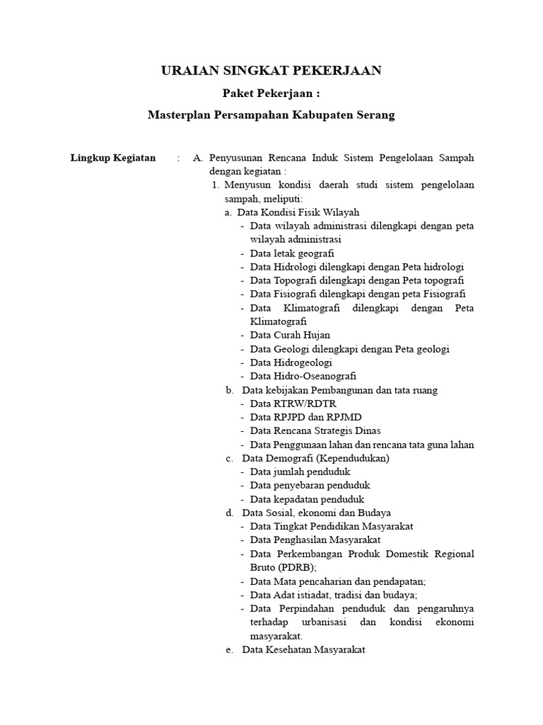 URAIAN SINGKAT PEKERJAAN Masterplan Persampahan Kabupaten Serang | PDF