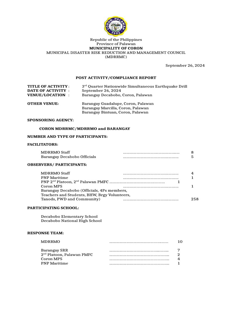 Coron Earthquake Drill Report | PDF | Emergency Management