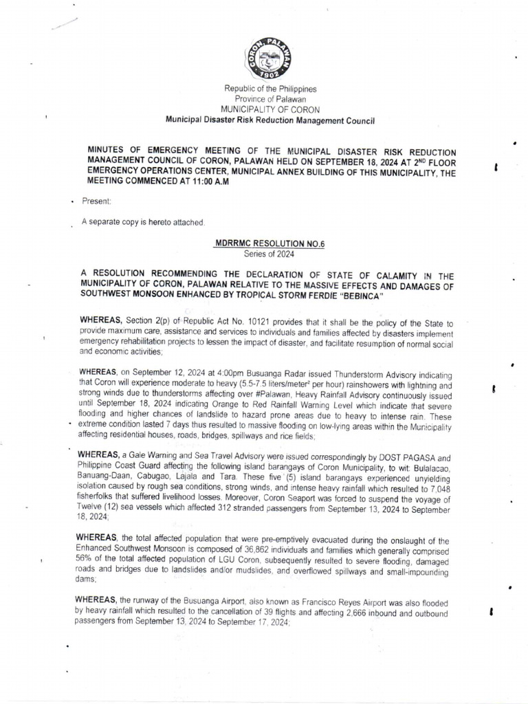 MDRRMC Resolution On Declaration For State of Calamity | PDF