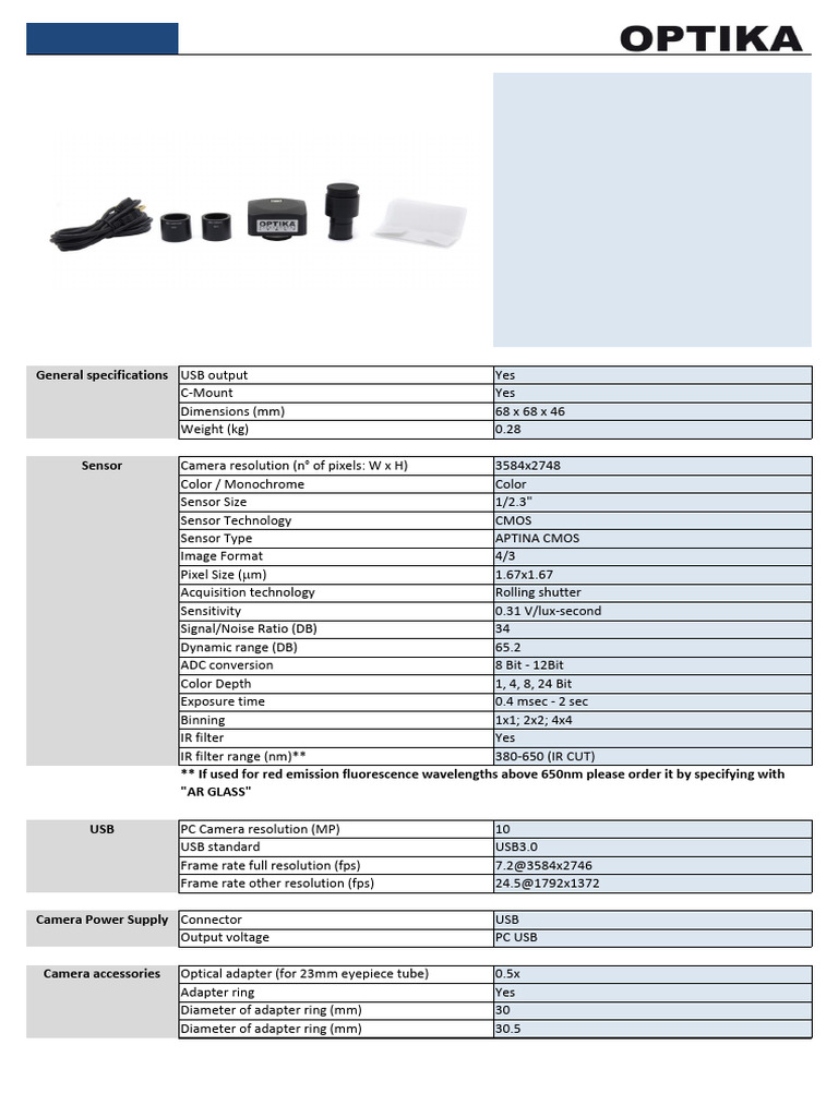 OPTIKA C-B10+ Technical Datasheet en | PDF | Camera | Usb