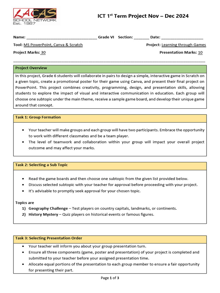 Grade 6 ICT Game Project Guide | PDF | Educational Technology
