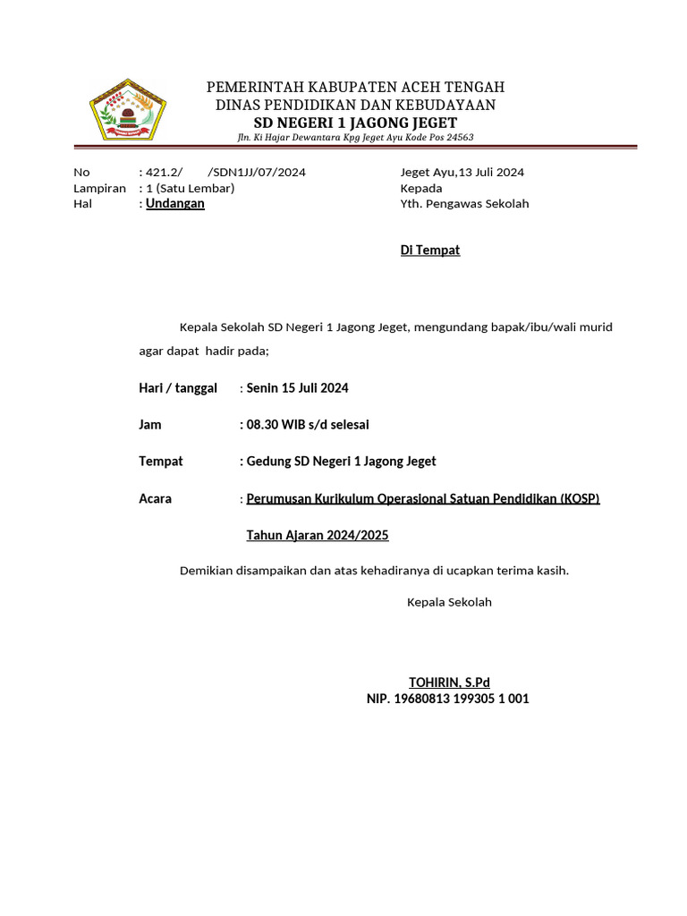 Undangan Pengawas Sekolah | PDF