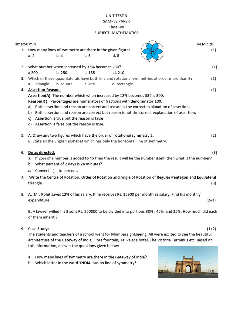 Maths Sample Paper Class 7 UT3 | PDF | Euclidean Geometry | Elementary ...