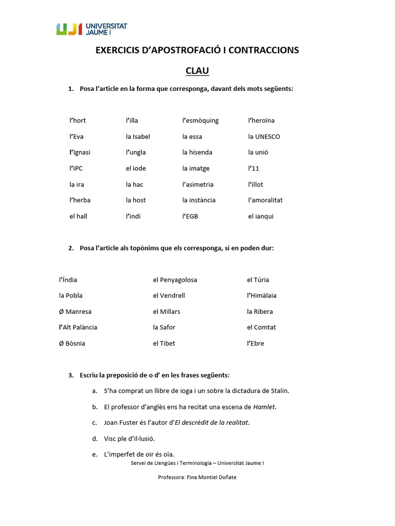 Exercicis Apòstrof I Contraccions - Clau | PDF