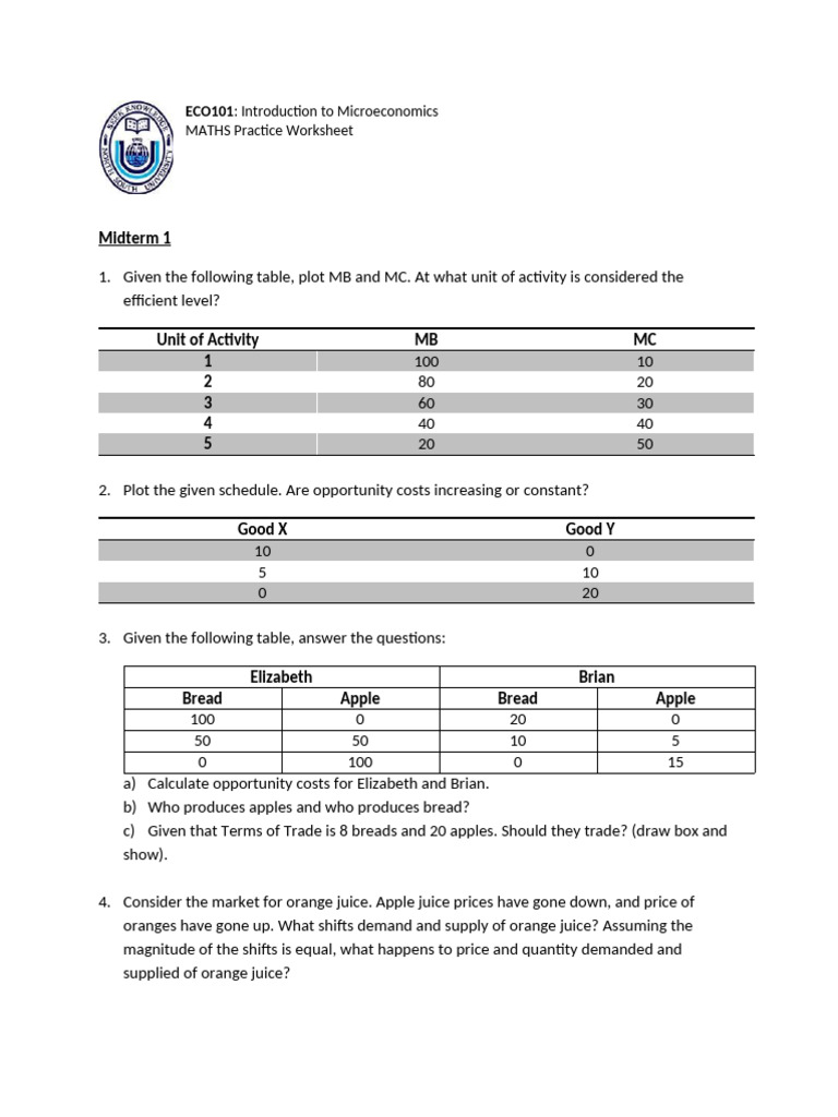 Practice Worksheet ECO101 | PDF | Profit (Economics) | Demand