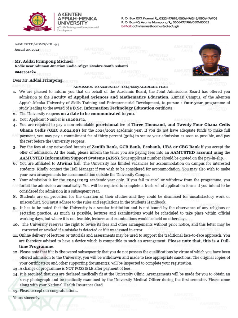 AAMUSTED Admission Letter 2024/2025 | PDF