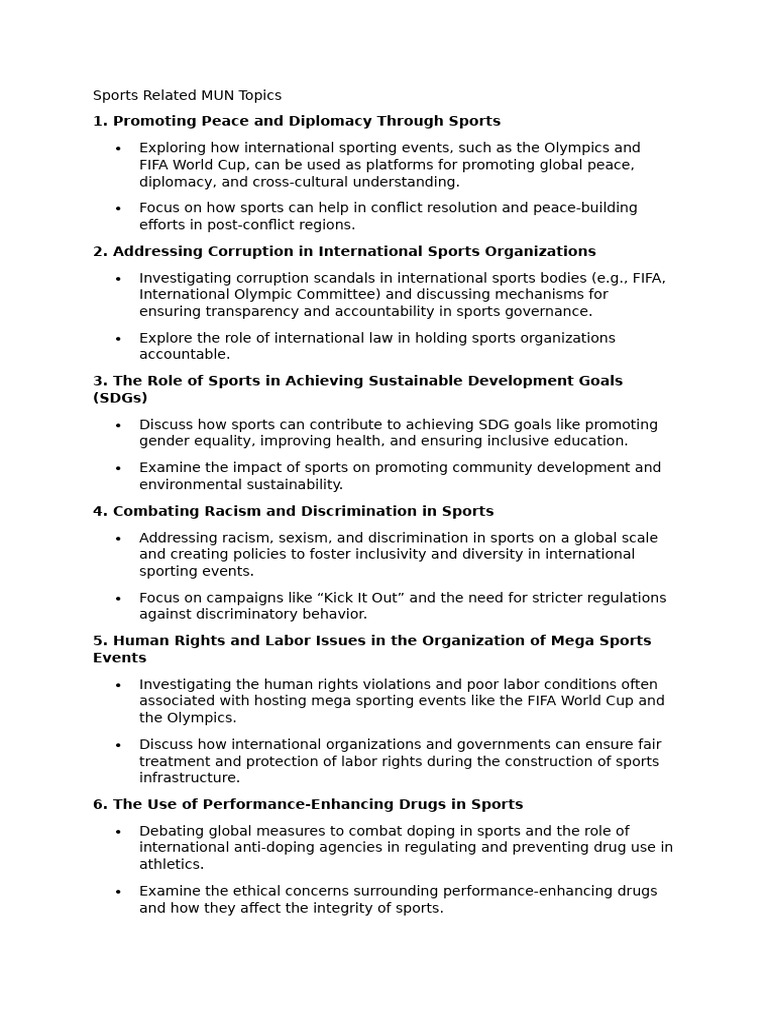 Key MUN Topics on Sports Issues | PDF | Sports | Doping In Sport