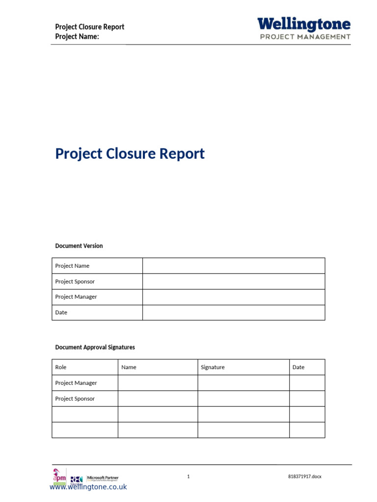 Wellingtone Project Management Project Closure Report Template | PDF ...