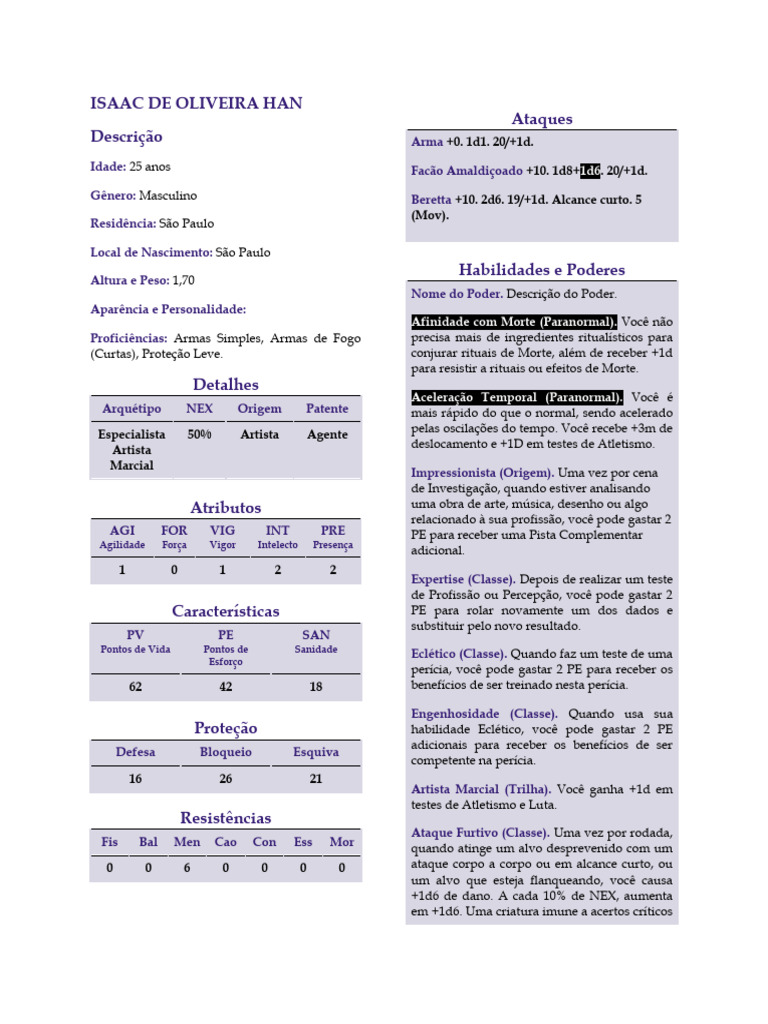 A Flor Da Morte RPG - Ficha Editável - Isaac - Cópia | PDF