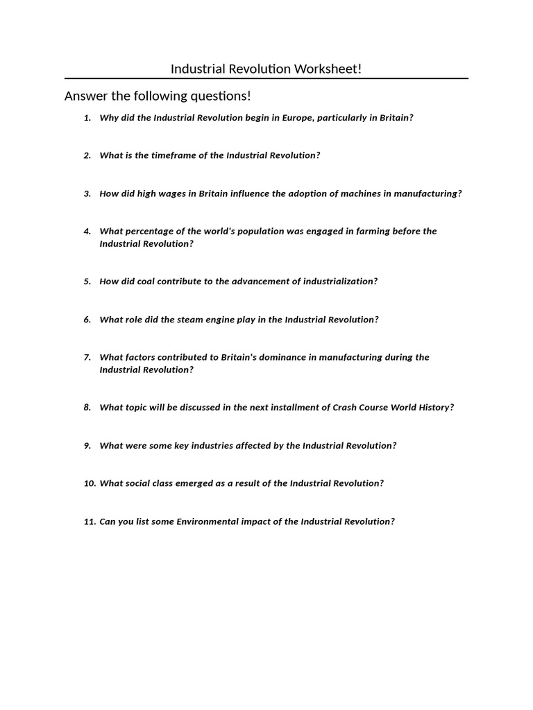 Industrial Revolution Worksheet | PDF