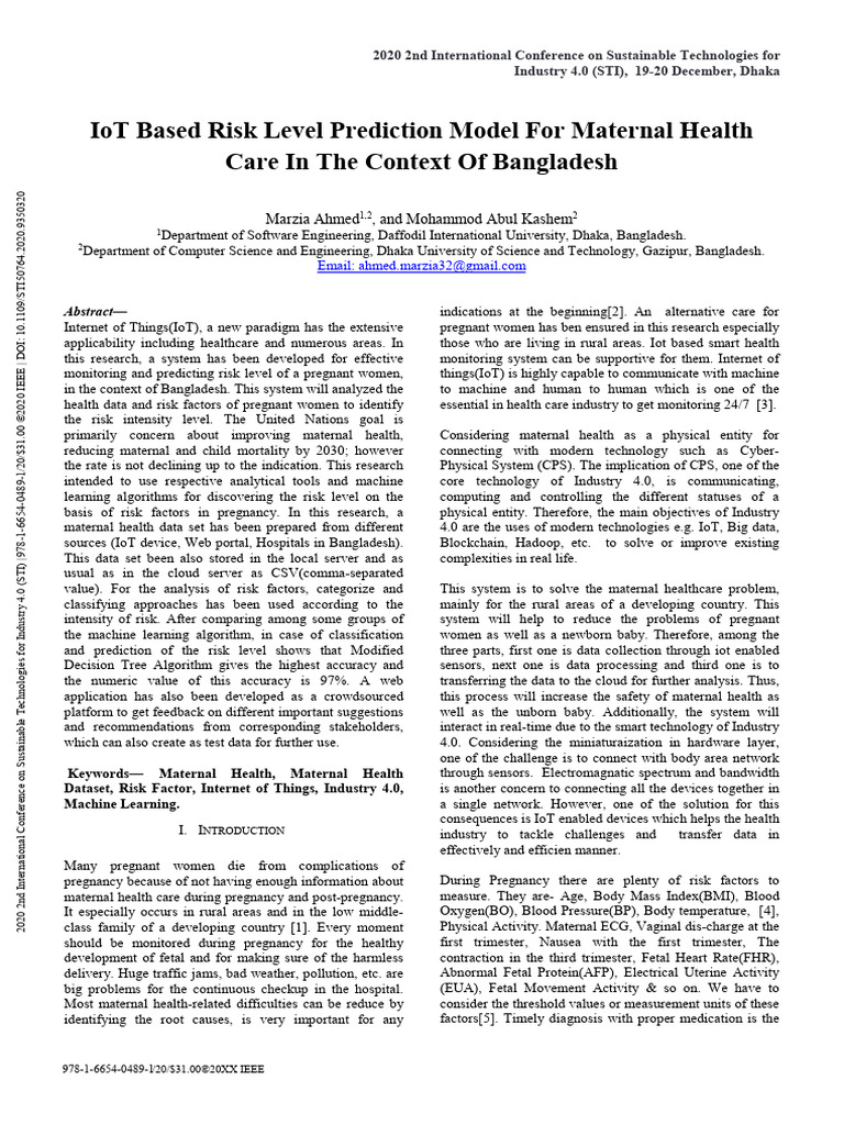 IoT Based Risk Level Prediction Model For Maternal Health Care in The Context of Bangladesh ...