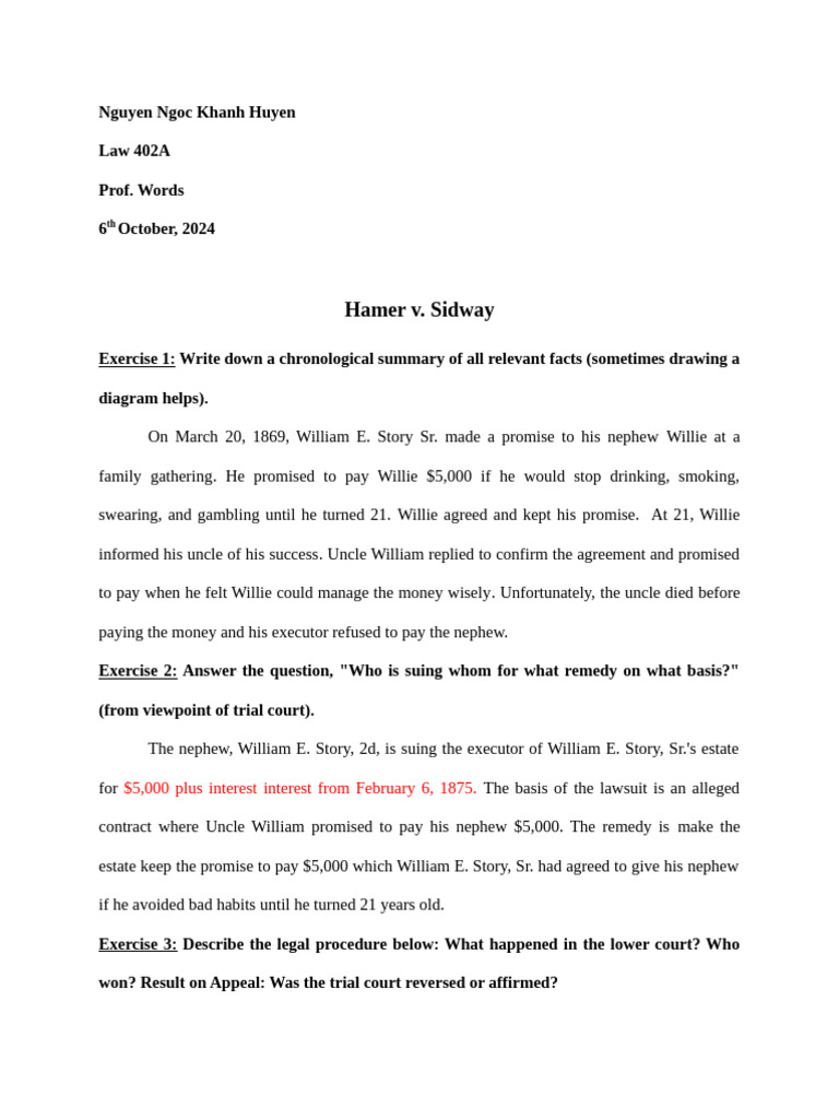 Hamer v. Sidway | PDF | Social Science | Law