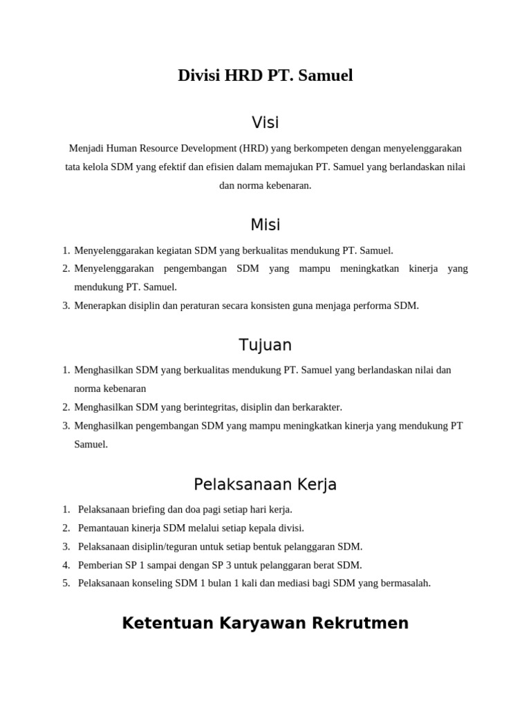 Visi dan Misi Divisi HRD PT. Samuel | PDF