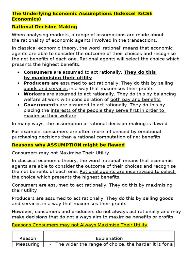 The Underlying Economic Assumptions | PDF | Rationality | Utility