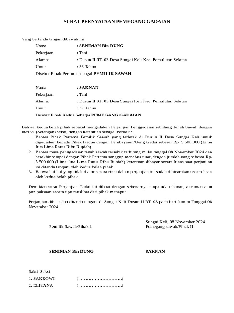 Surat Pernyataan Pemegang Gadaian | PDF