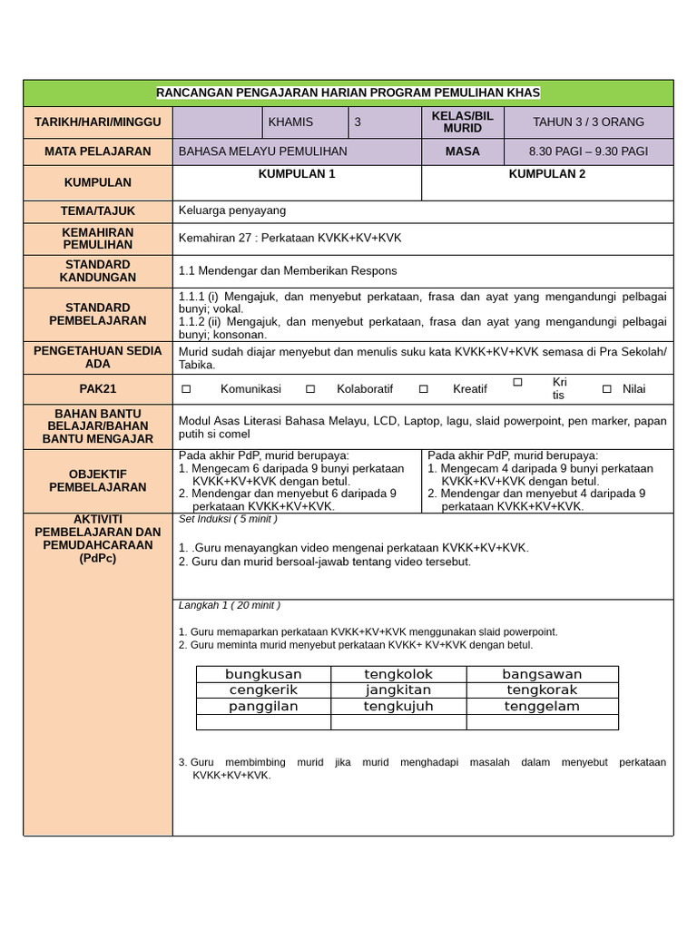 Rancangan Pengajaran Harian Program Pemulihan Kha1 | PDF
