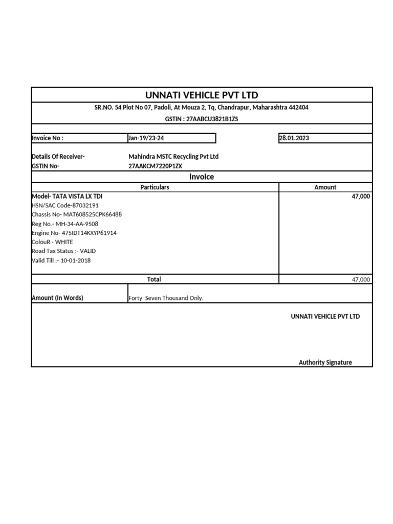 Scrap Vehicle Invoice Formate | PDF