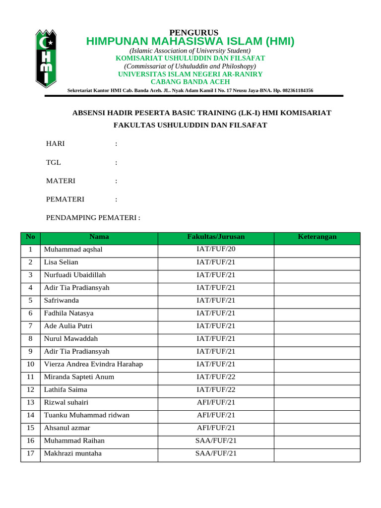 Absensi Peserta Basic Training HMI | PDF
