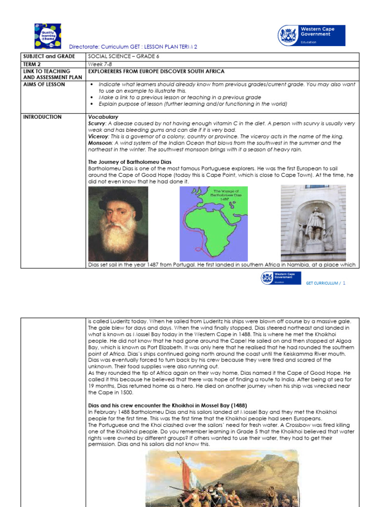 Lesson Plan GR 6 SS History T2 W7-8 | PDF | Travel | Foreign Language ...