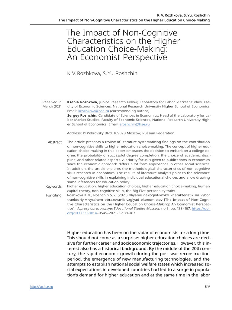 Non-Cognitive Skills in Higher Education Choices | PDF | Intelligence ...