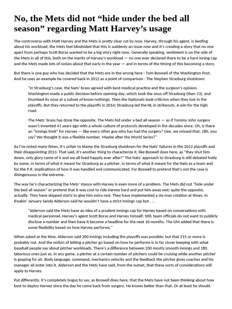 Mets and Matt Harvey Innings Debate | PDF | Pitcher | New York Mets