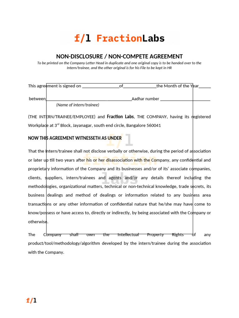Non DisclosureNon Compete Agrmnt. FRACTION LABS | PDF | Trade Secret | Non Disclosure Agreement