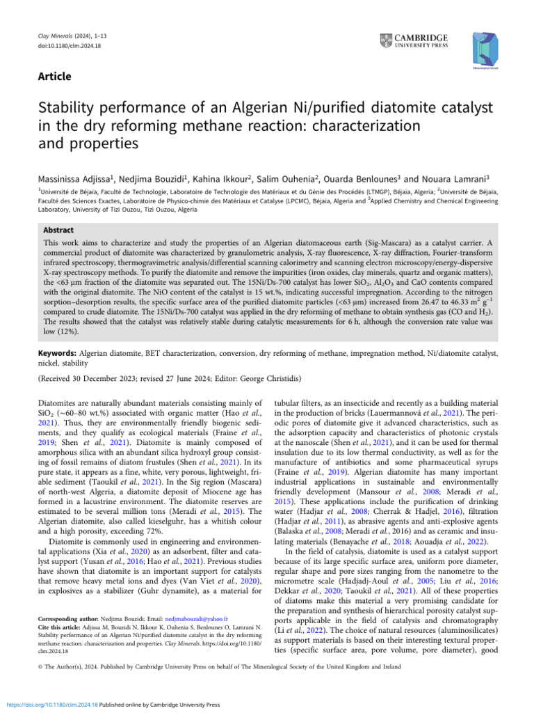 Stability Performance of An Algerian Nipurified Diatomite Catalyst in ...