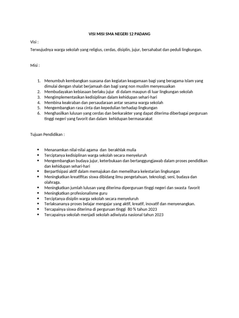 Visi dan Misi SMA Negeri 12 Padang | PDF | Kesehatan Holistik