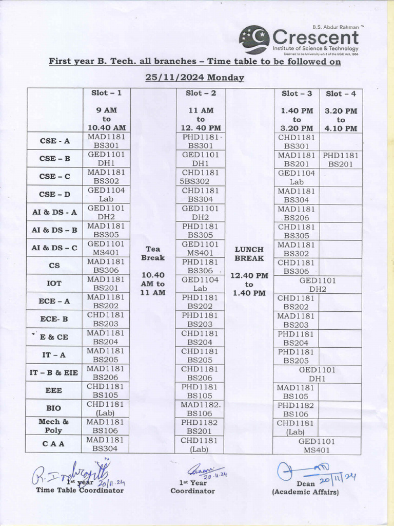 First Year B.tech - Class Schedule - 25.11.2024 | PDF