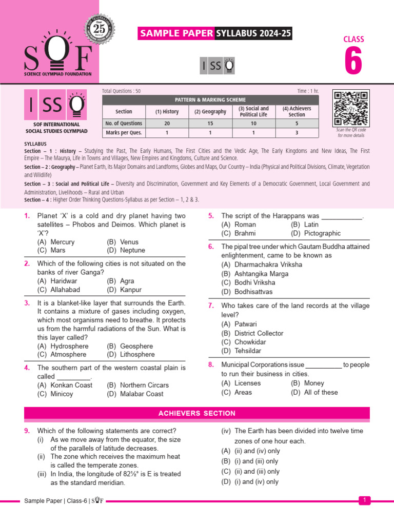 Isso Sample Paper Class-6 | PDF | Planets | Planets Of The Solar System