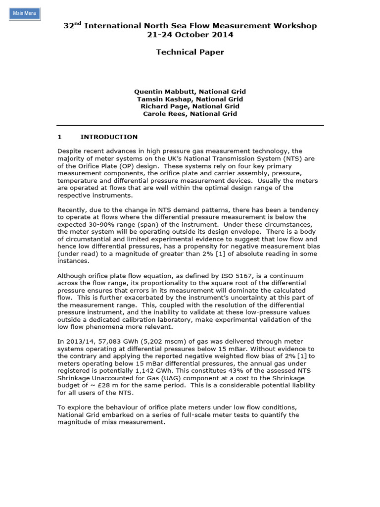 The Performance of Orifice Plate Meters Under Low Flows Mabbutt National Grid | PDF | Flow ...