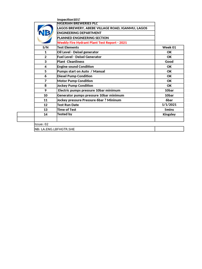 Fire Hydrant Gen Daily Test Report | PDF | Diesel Engine | Engines