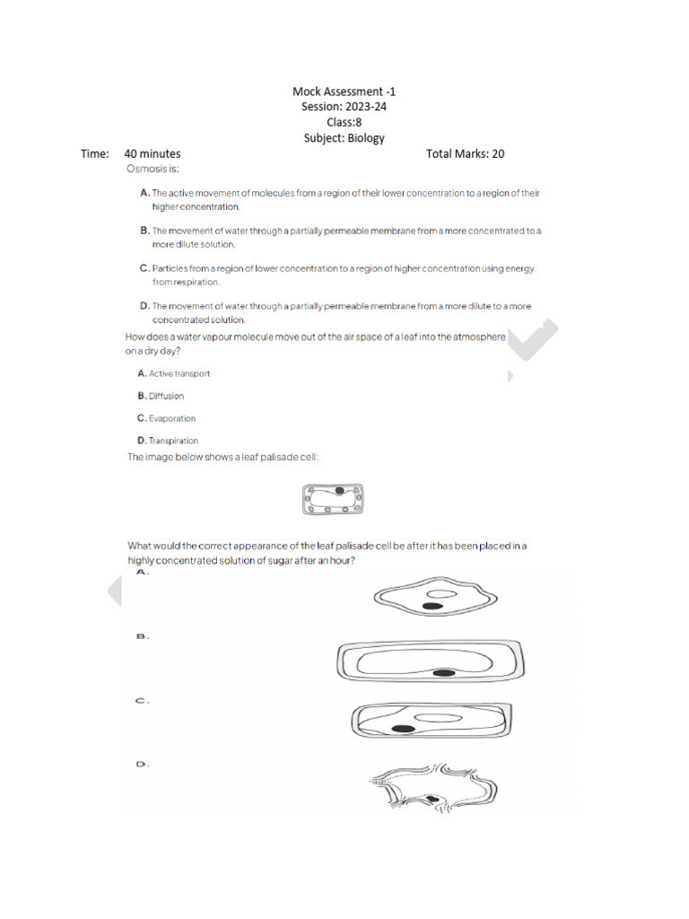Mock Assessment 1 Bio 8 | PDF