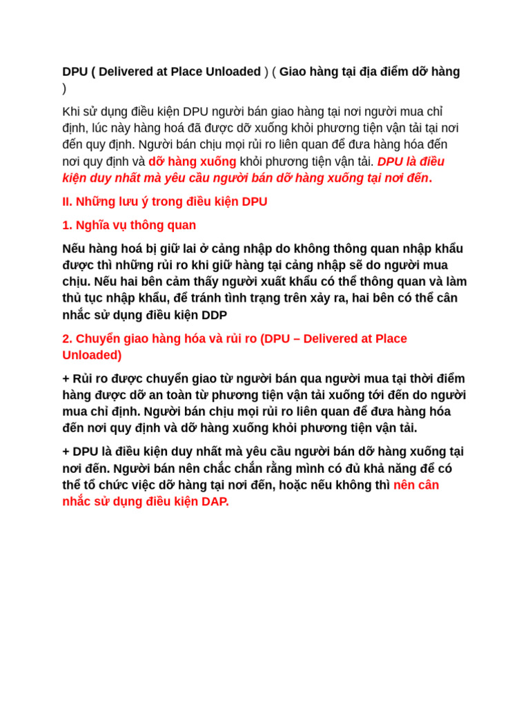 dỡ hàng xuống - II. Những lưu ý trong điều kiện DPU 1. Nghĩa vụ thông quan | PDF