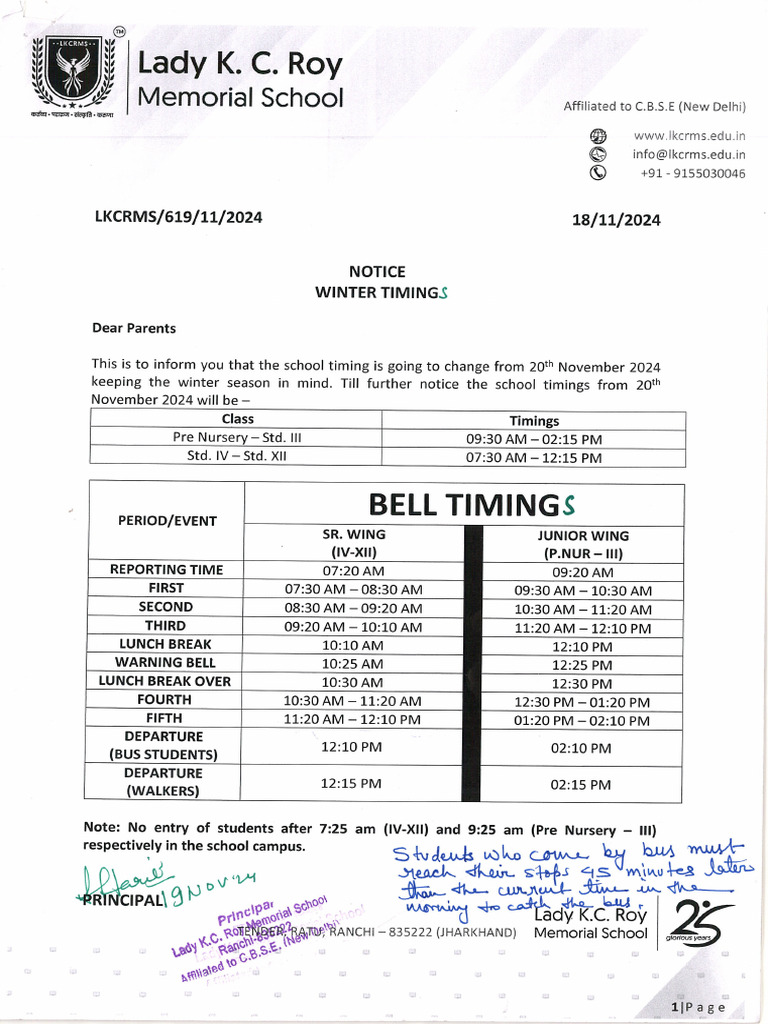 Notice No. 619 (Re. Winter Timings) 1 | PDF