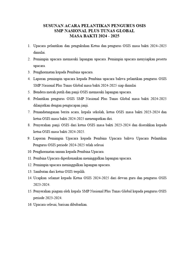 Susunan Acara Pelantikan OSIS 2024-2025 | PDF