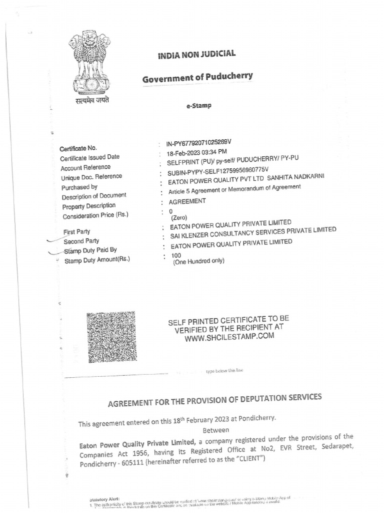 Agreement For Provision of Deputation of Services | PDF