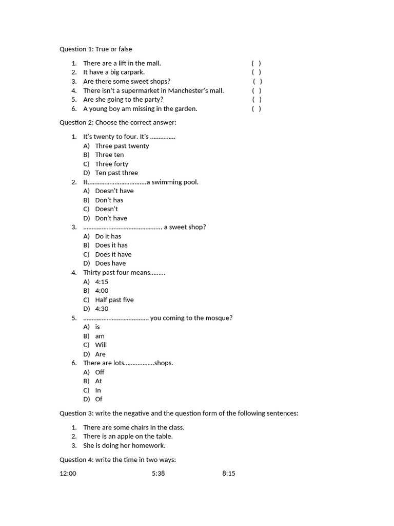 English Grammar Quiz for Beginners | PDF | Games & Activities