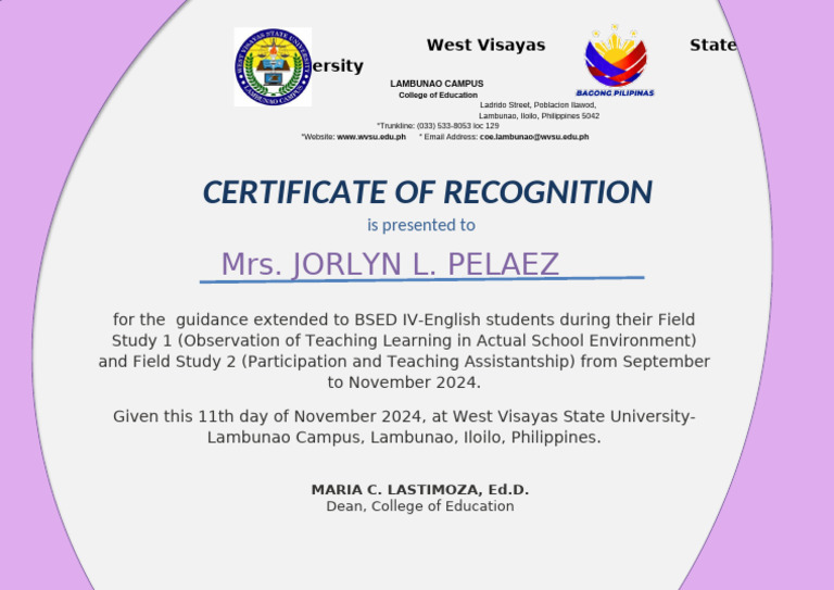Certificate of Recognition for Teaching Assistantship | PDF
