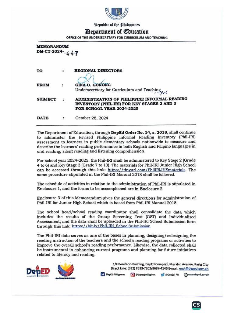 Memo - Phil IRI Administration 2024 2025 | PDF | Reading Comprehension | Education Theory