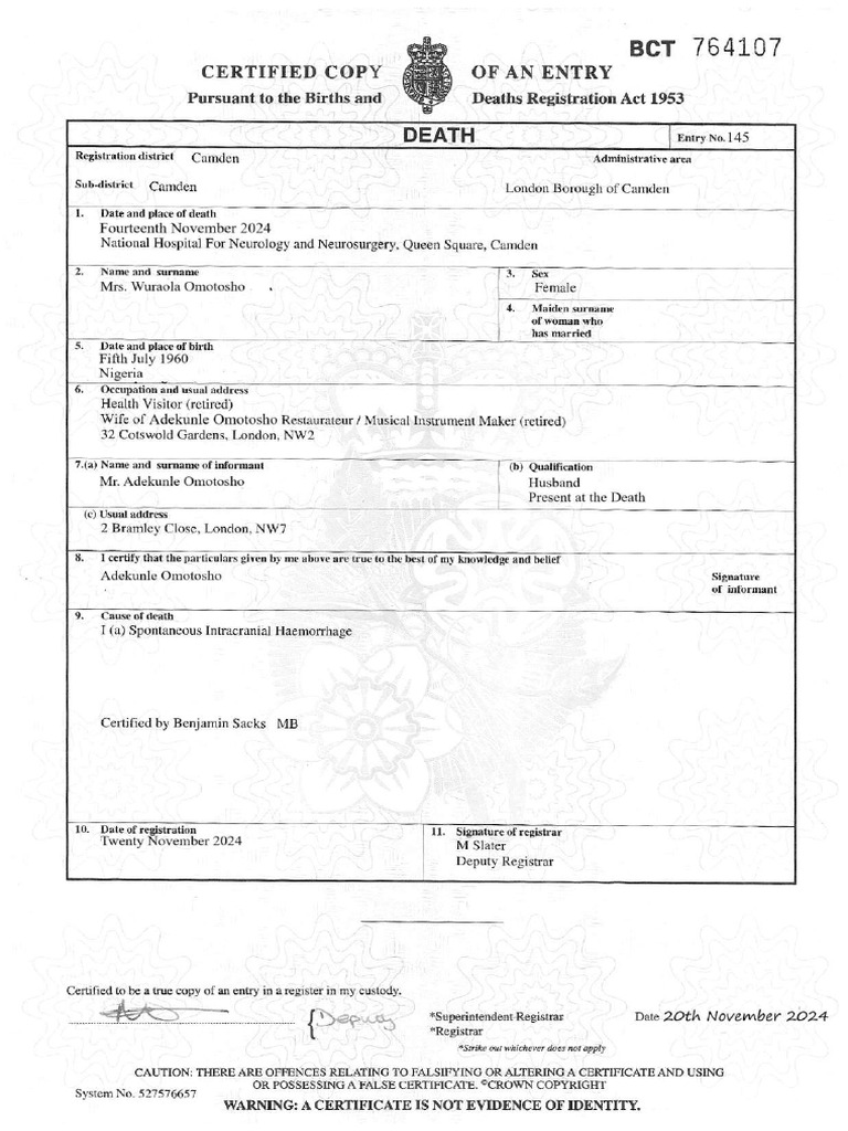 MR ADEKUNLE OMOTOSHO Wife Death Certi | PDF